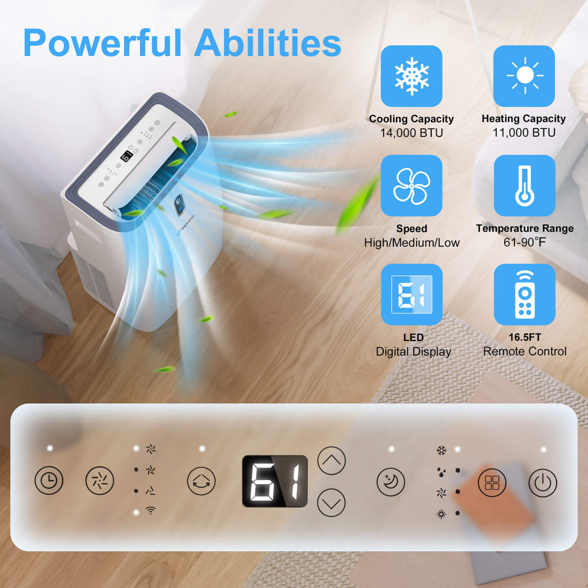 Wiytamo 14000 BTU Portable Air Conditioner for 700 Sq. Ft. with Heater and Smart WIFI Remote ...